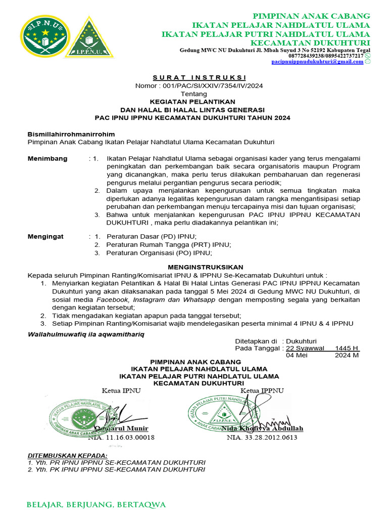 Surat Instruksi IPNU IPPNU | PDF