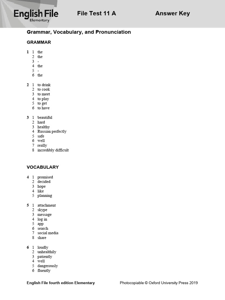 EF4e Elem Filetest 11a Answer Key | PDF | English Language | Vocabulary
