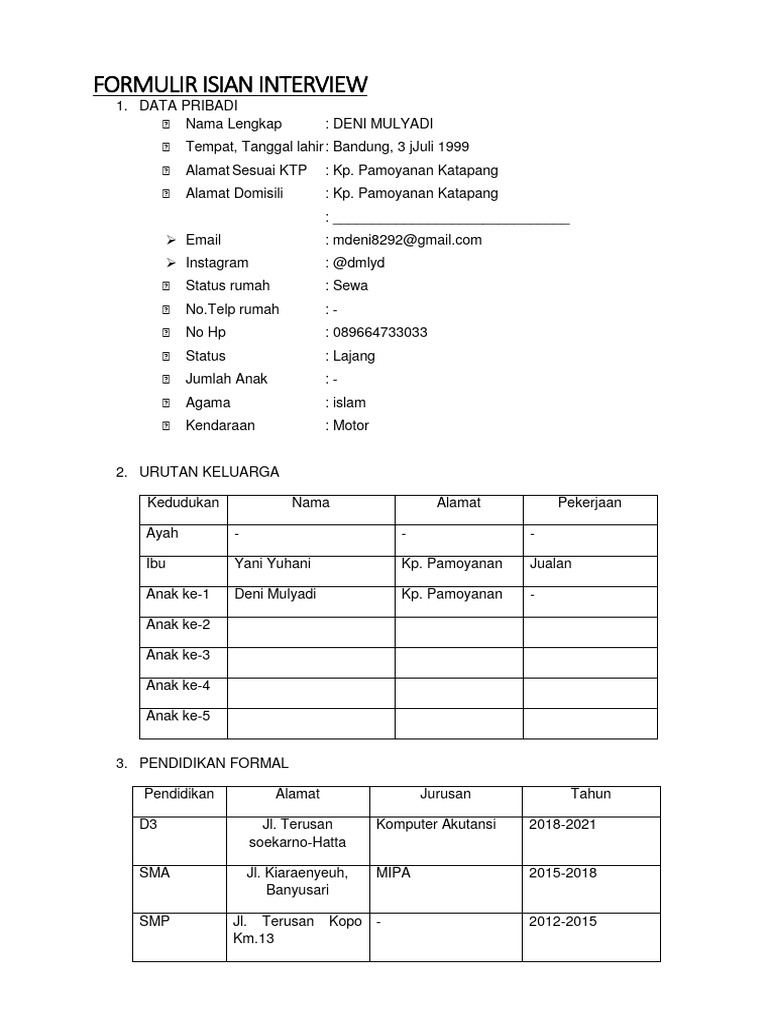 Formulir Isian Interview Attara (Isi Nama) | PDF