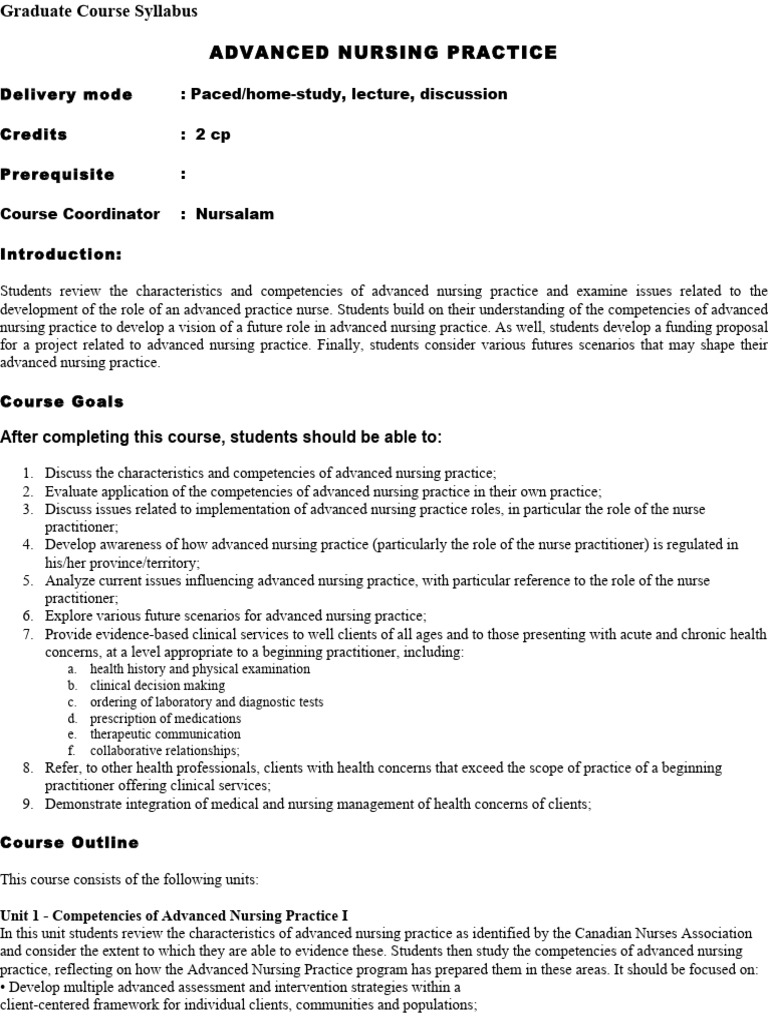 Graduate Course Syllabus ADVANCED NURSING PRACTICE | PDF | Nursing ...