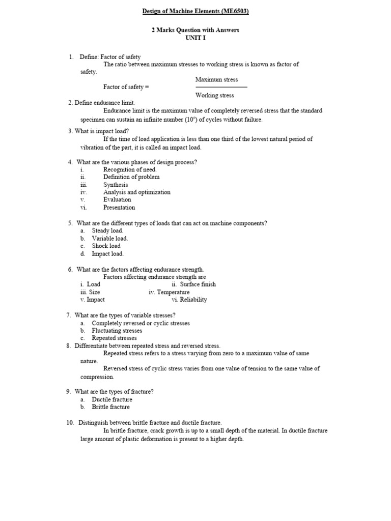 Design - of - Machine - Elements 2 Marks With Answer12 | PDF | Fracture ...