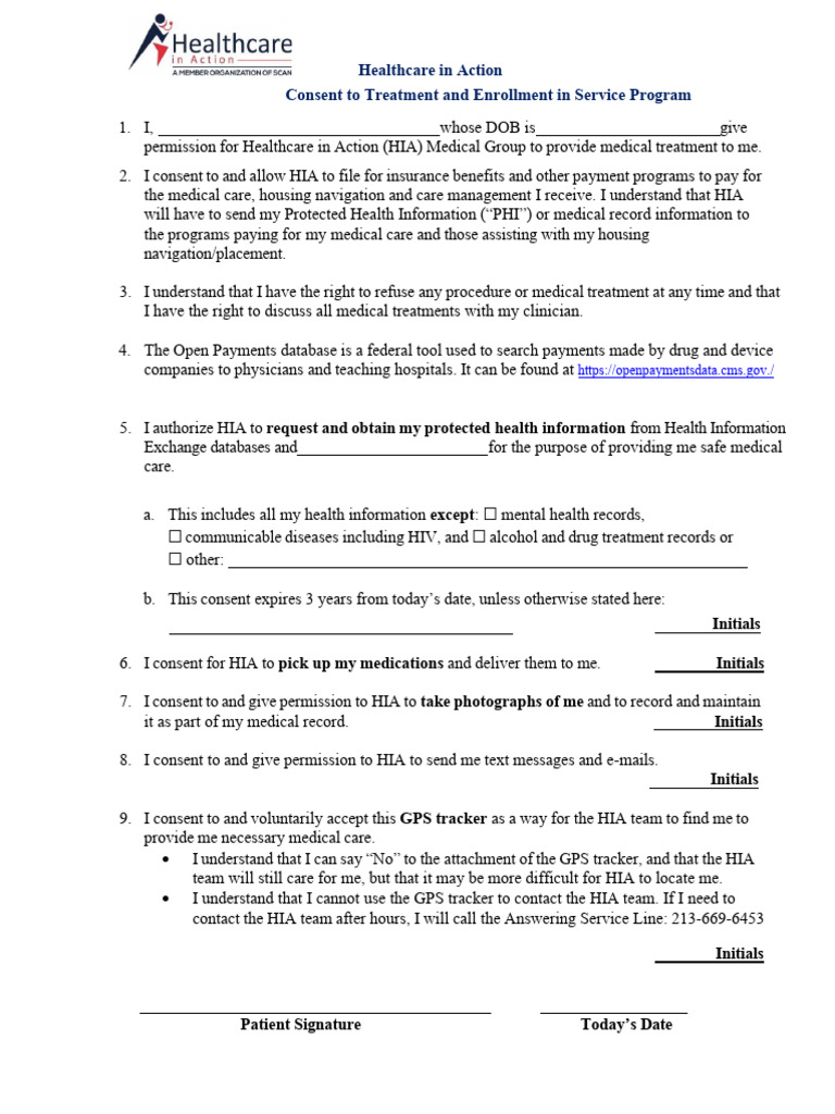 HIA Consent for Medical Treatment Form | PDF | Health Care | Health ...