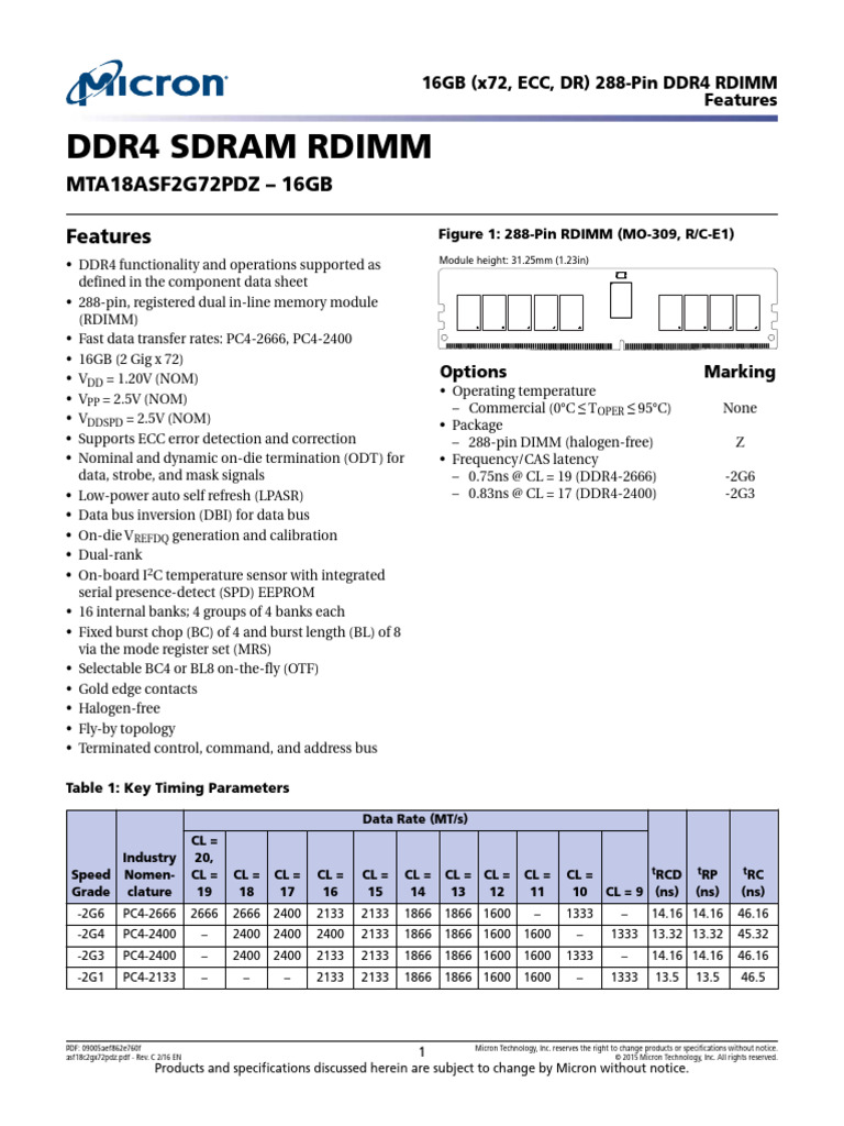 Ddr4 Sdram Rdimm: MTA18ASF2G72PDZ - 16GB Features | PDF | Electronics ...