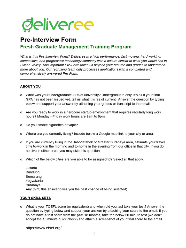 Pre-Interview Fresh Graduate Management Training Program | PDF ...