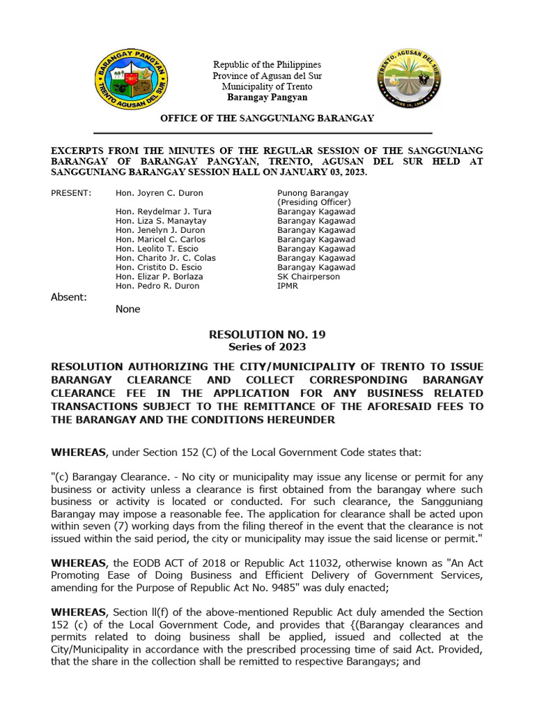 Barangay Clearance Fee Resolution Trento | PDF | Government | Legal ...