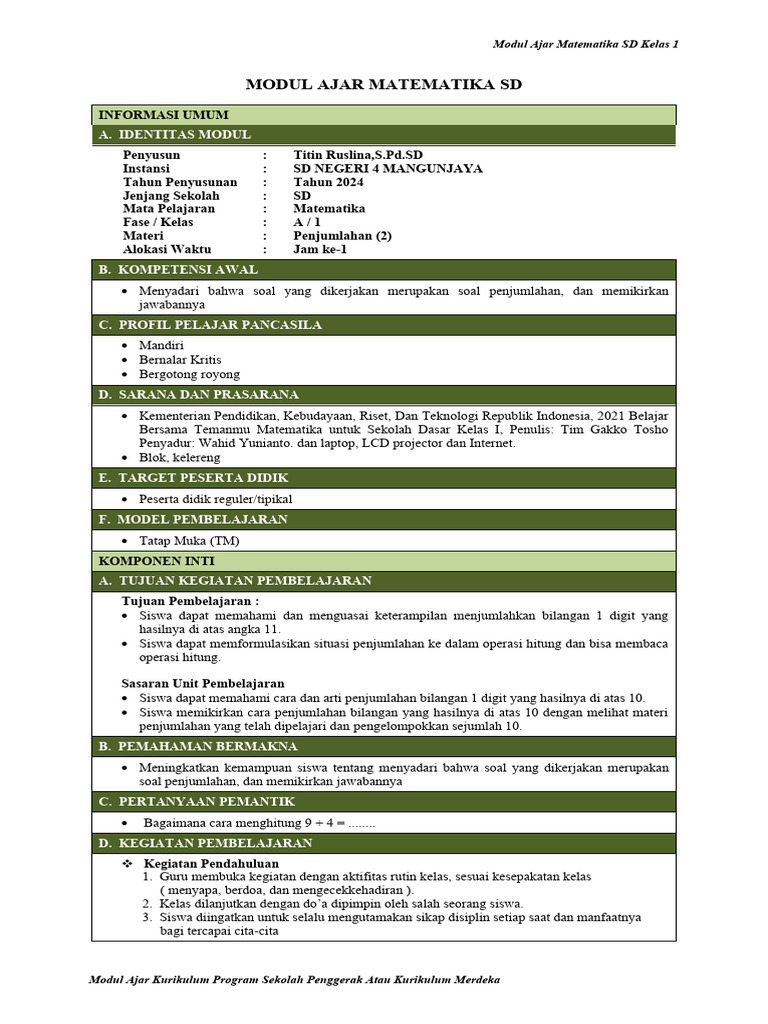 KELAS 1 Modul Ajar Matematika Bab 10 | PDF | Sains & Matematika