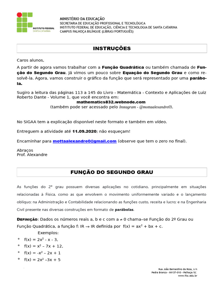 Função Do Segundo Grau | PDF | Equação quadrática | Função (Matemática)