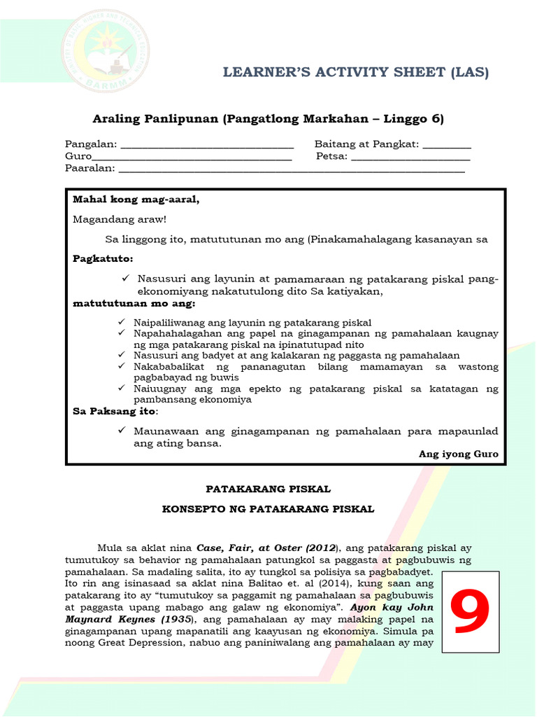 Learner'S Activity Sheet (Las) : Araling Panlipunan (Pangatlong Markahan - Linggo 6) | PDF