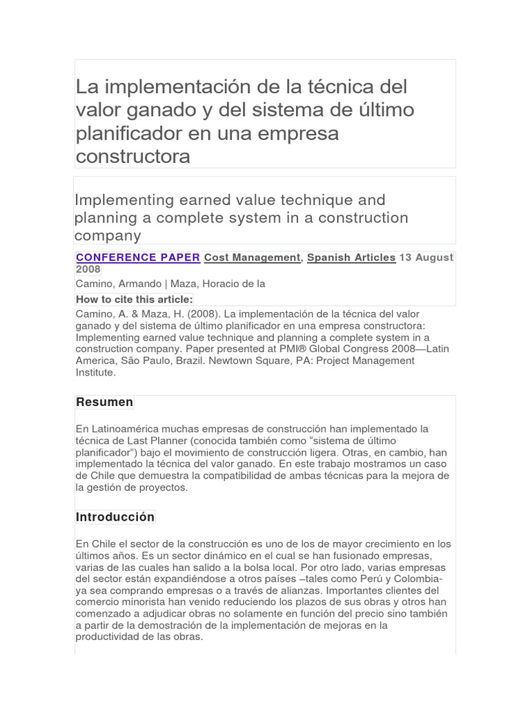 La Implementación de La Técnica Del Valor Ganado y Del Sistema de Último Planificador en Una ...