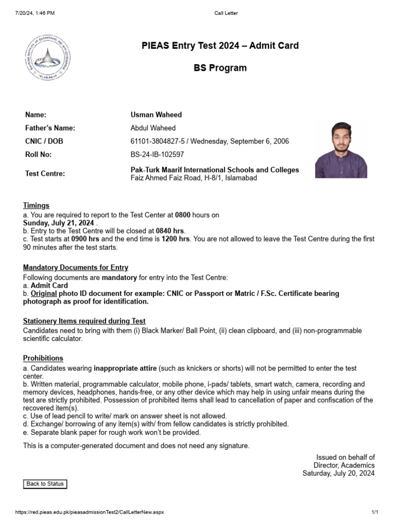 PIEAS Entry Test | PDF | Government And Personhood | Authentication