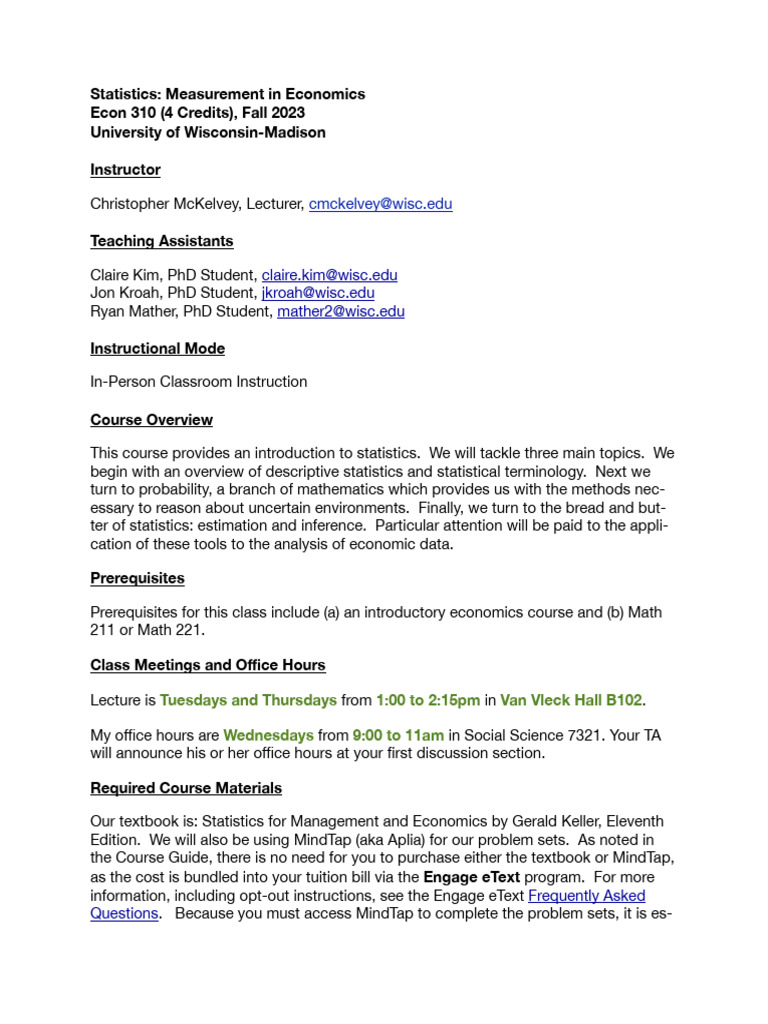 ECON 310 - Statistics Mckelvey-Syllabus | PDF | Statistics | Academic Dishonesty