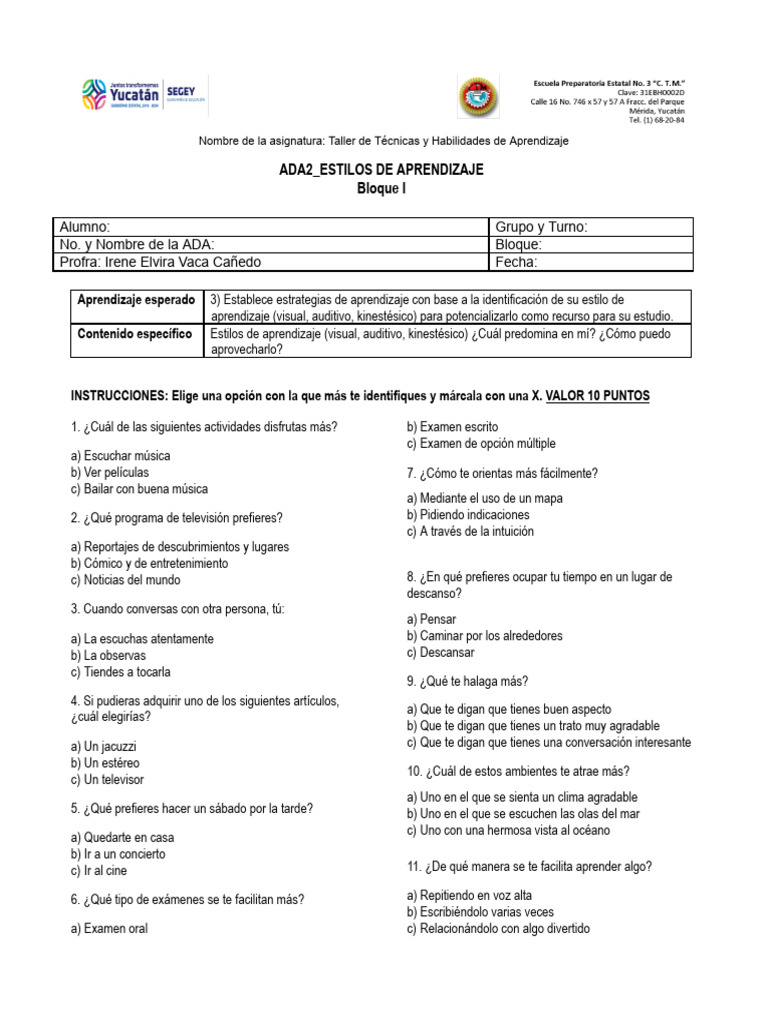 ADA2 AE3. Estilos de Aprendizaje | PDF | Aprendizaje