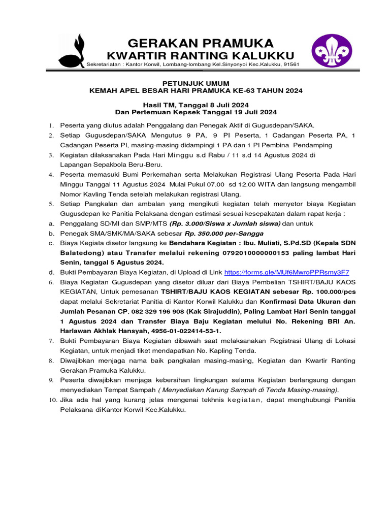 Juknis Kab Hari Pramuka Ke-63 Tahun 2024 Kwarran Kalukku - Hasil TM - Rapat Kepsek SD | PDF ...