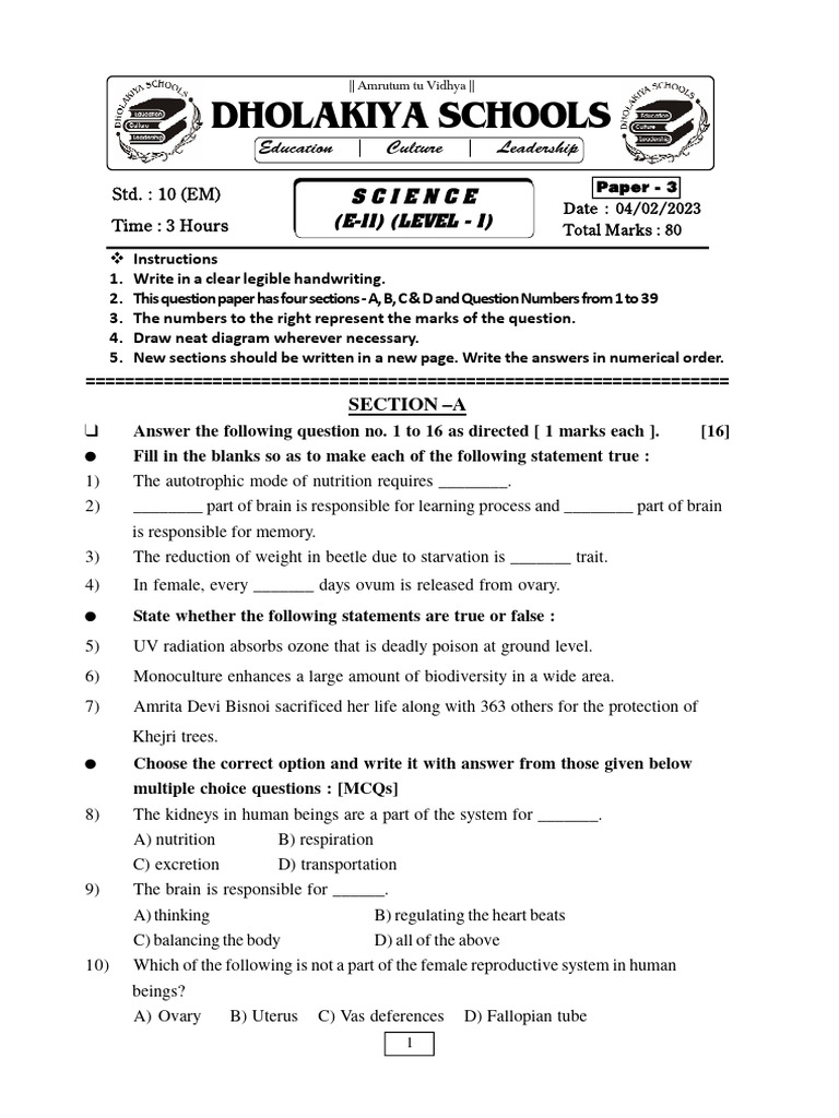 10 - em - Level - 1 - Bio (80) - Paper - 3 - 04-02-23 | PDF ...