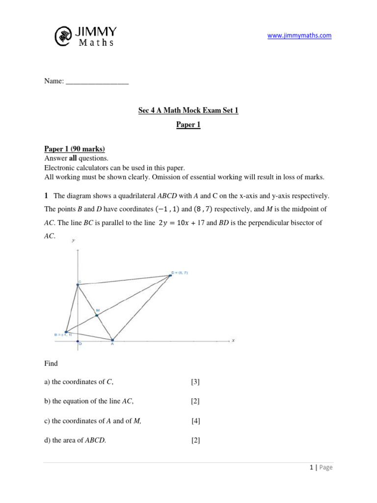 Sec 4 A Math SA2 Mock Exam - Set 1 | PDF | Circle | Acceleration