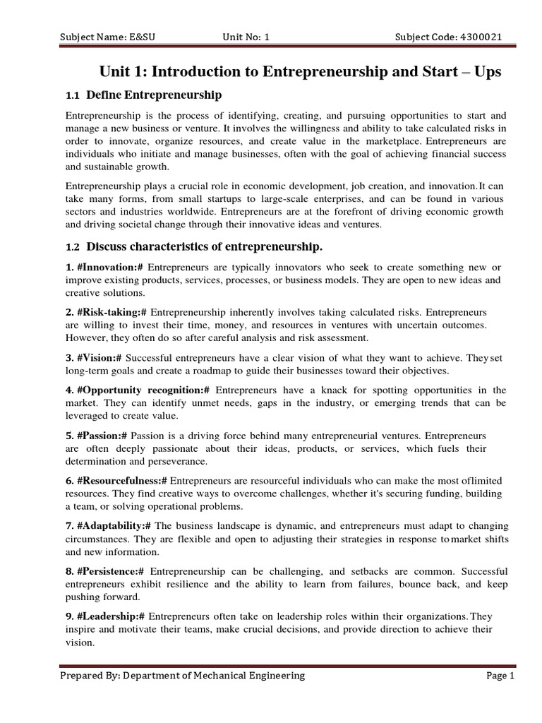 Esu Unit 1 Eng | PDF | Entrepreneurship | Limited Liability Company