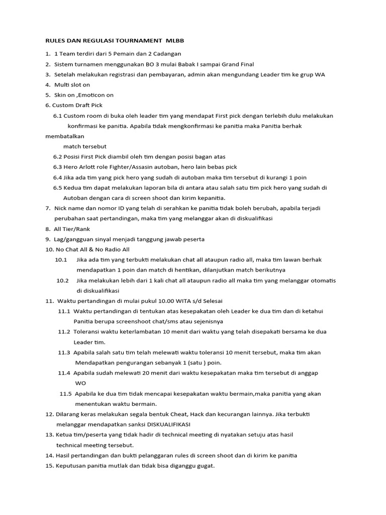 Rules Tournament Online MLBB No Kill No Party | PDF