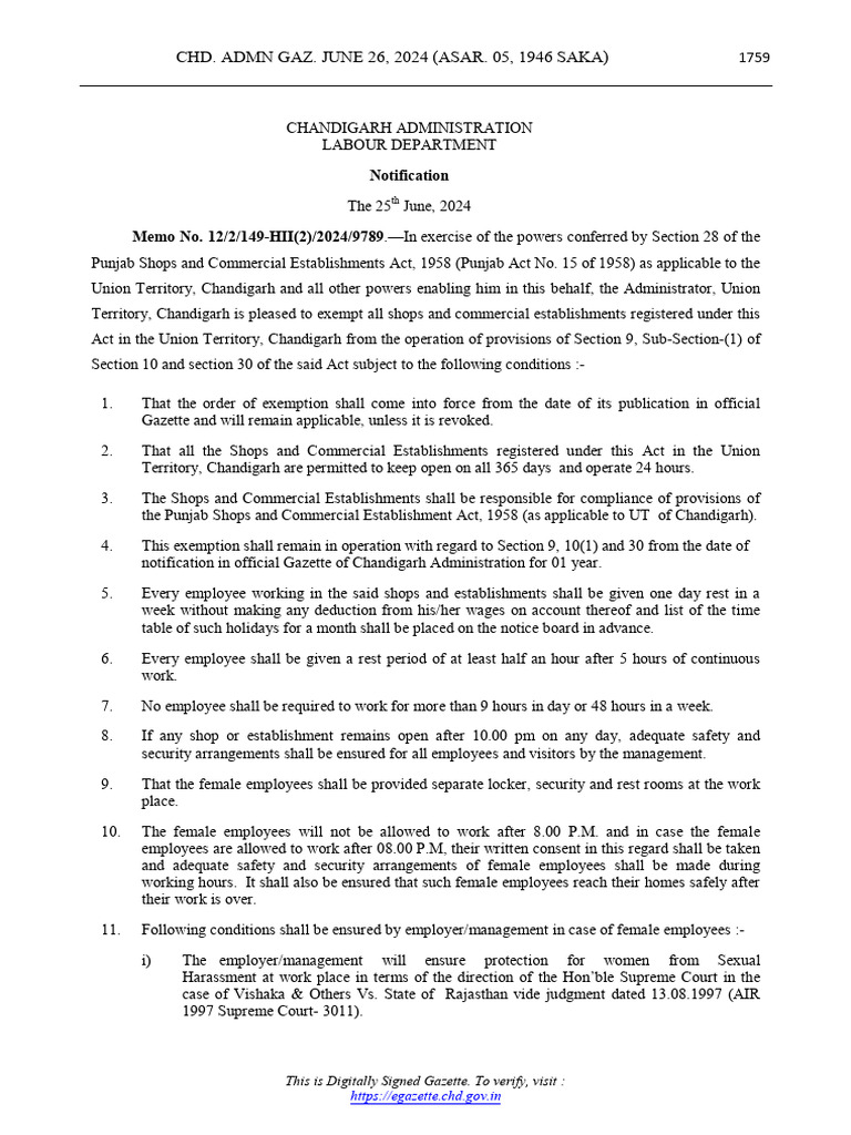 Chandigarh Notification:12/2/149-HII (2) /2024/9789 | PDF | Employment | Overtime