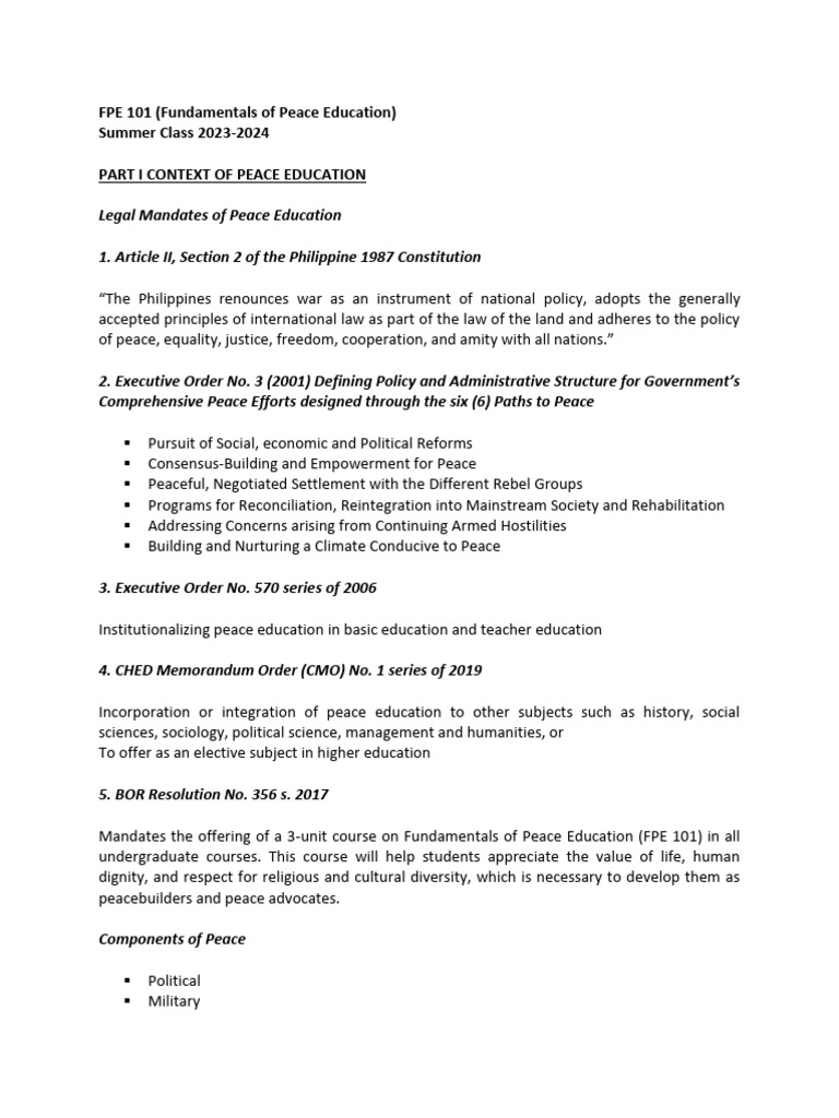 FPE 101 Handout 2024.pdf | PDF | Peace | Liberal Arts Education