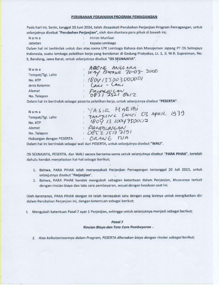 Perubahan Perjanjian Program Pemagangan | PDF