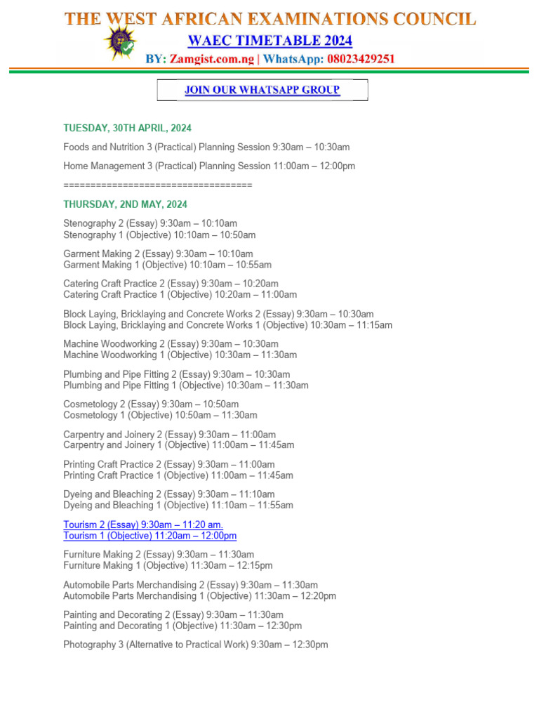 WAEC Exam Timetable 2024 | PDF