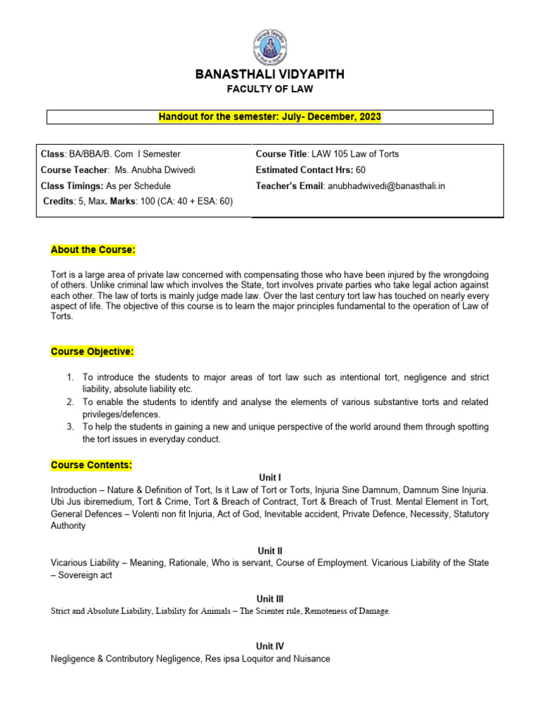 LAW 105 - I Sem - Law of Torts | PDF | Tort | Common Law