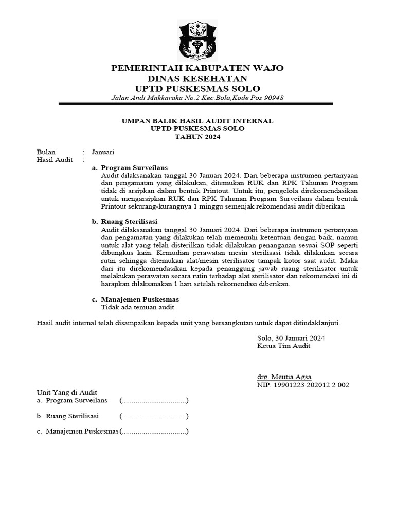 Umpan Balik Hasil Audit Jan-Juni 2024 | PDF