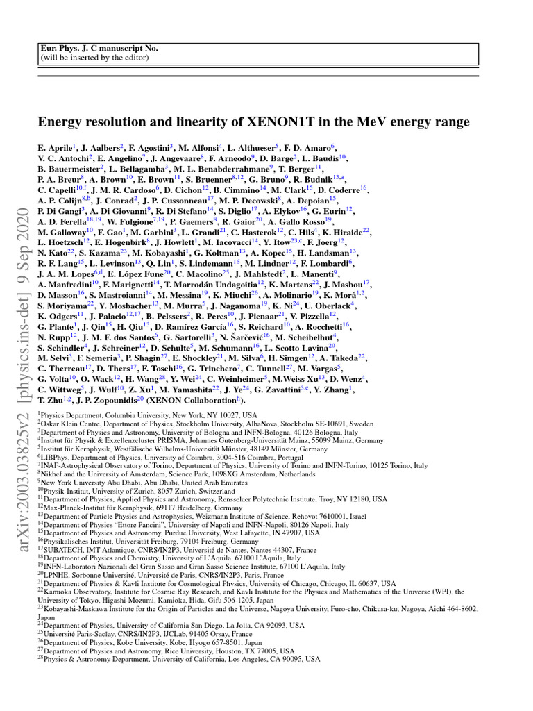 Energy Resolution and Linearity of XENON1T in The MeV Energy Range | PDF | Particle Physics ...