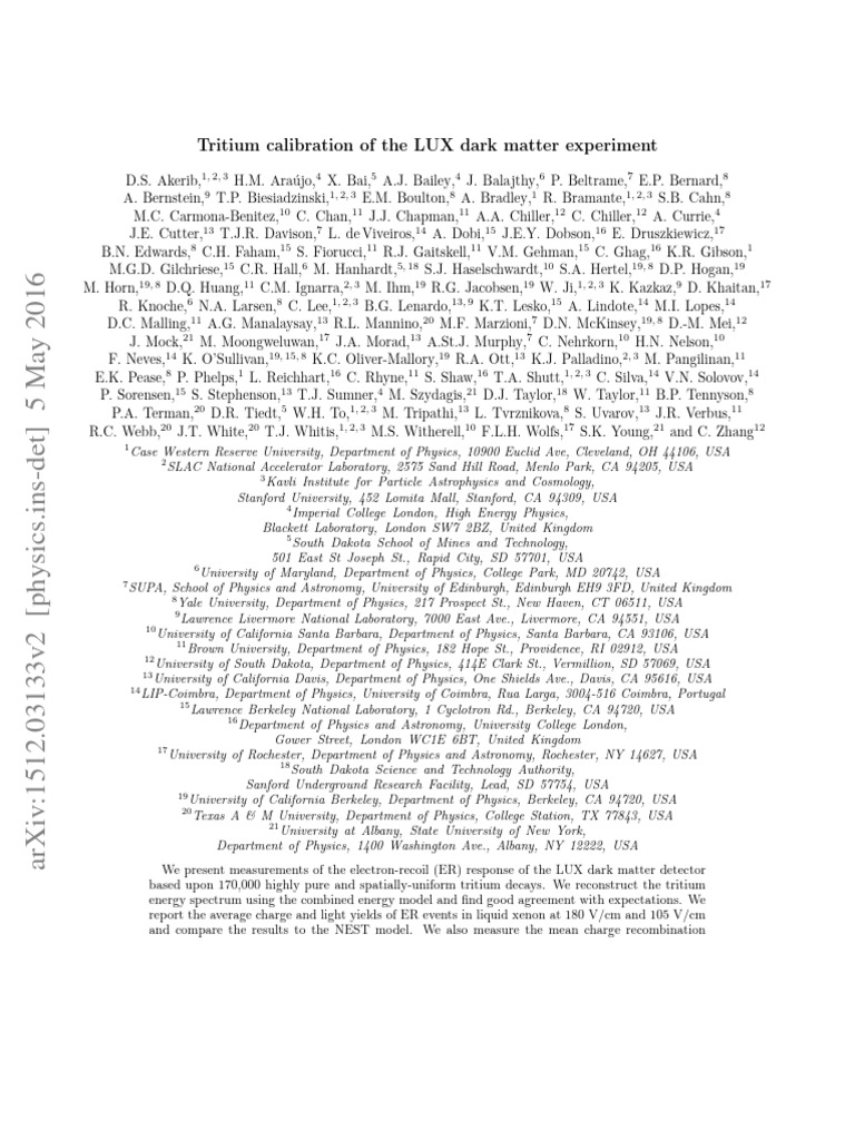 Tritium Calibration of The LUX Dark Matter Experiment | PDF | Physical Sciences | Physics