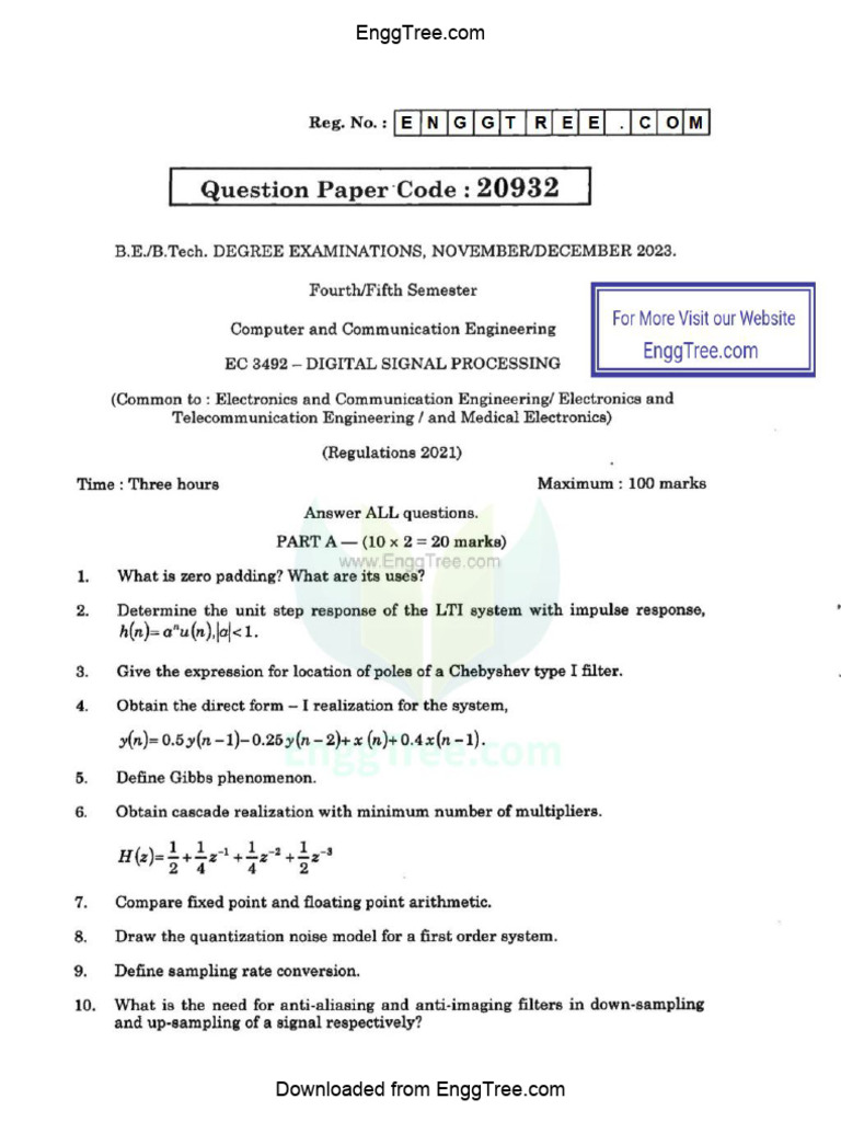 EC3492 Digital Signal Processing Nov Dec 2023 Question Paper Download | PDF
