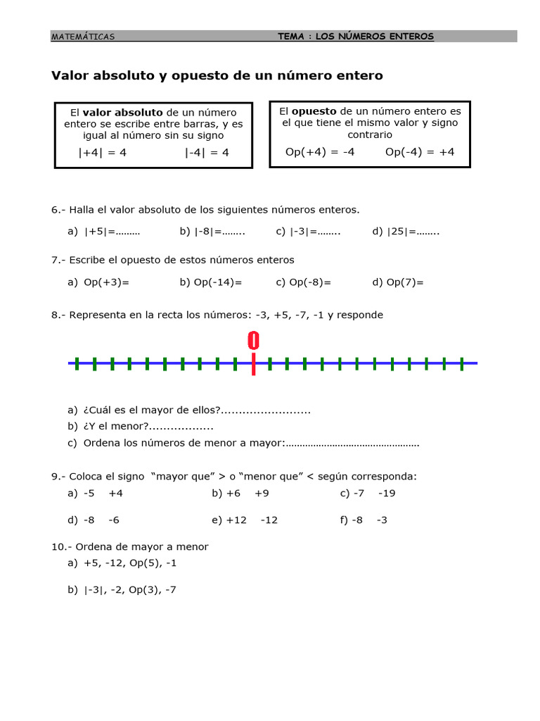 Números Enteros: Valor Absoluto y Operaciones | PDF | Entero | Notación ...