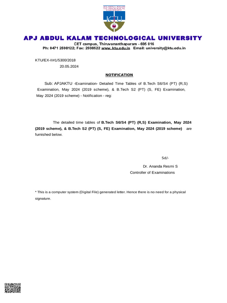 B.Tech S2/S4 Exam Timetable May 2024 | PDF | Engineering | Electronics