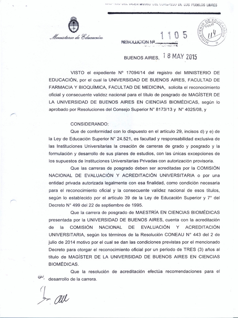Res 1105-15 Mag de La Univ de BS As en Ciencias Biomédicas | PDF
