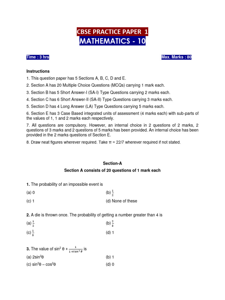Math Cbse Paper Sample With Sol | PDF | Circle | Sphere