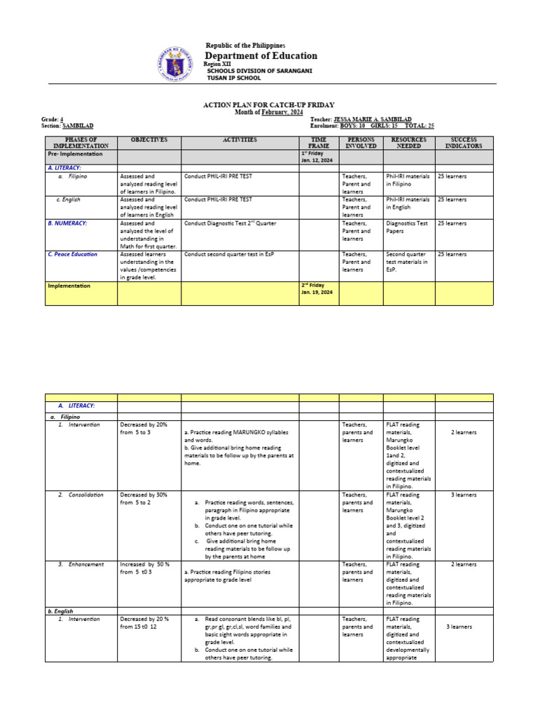 ACTION PLAN FOR CATCH-UP FRIDAYS | Download Free PDF | Literacy | Learning