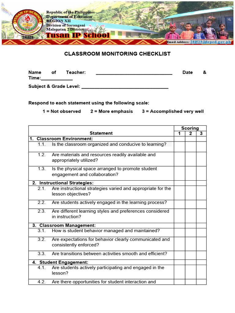 Classroom Monitoring Checklist | PDF | Learning | Classroom