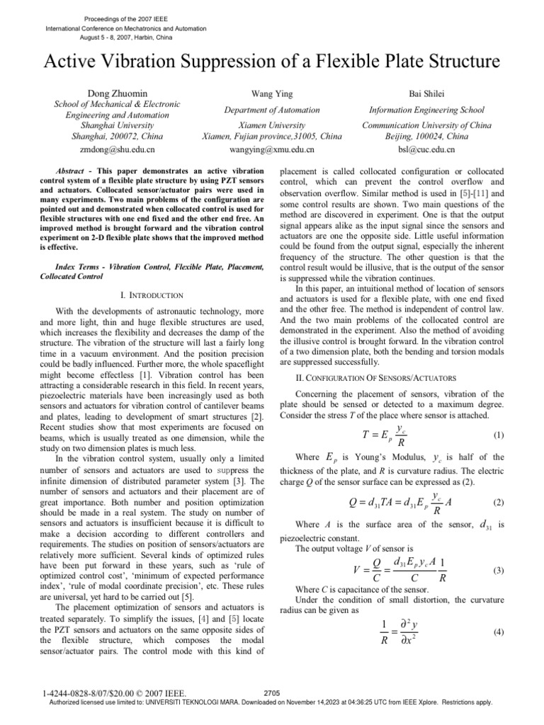 Active Vibration Suppression of A Flexible Plate Structure | PDF | Piezoelectricity | Bending