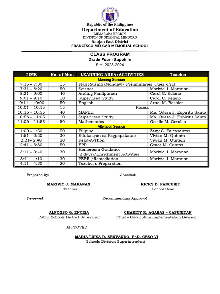 Class Program Full F2F Sy 2022 2023 | PDF | Schools