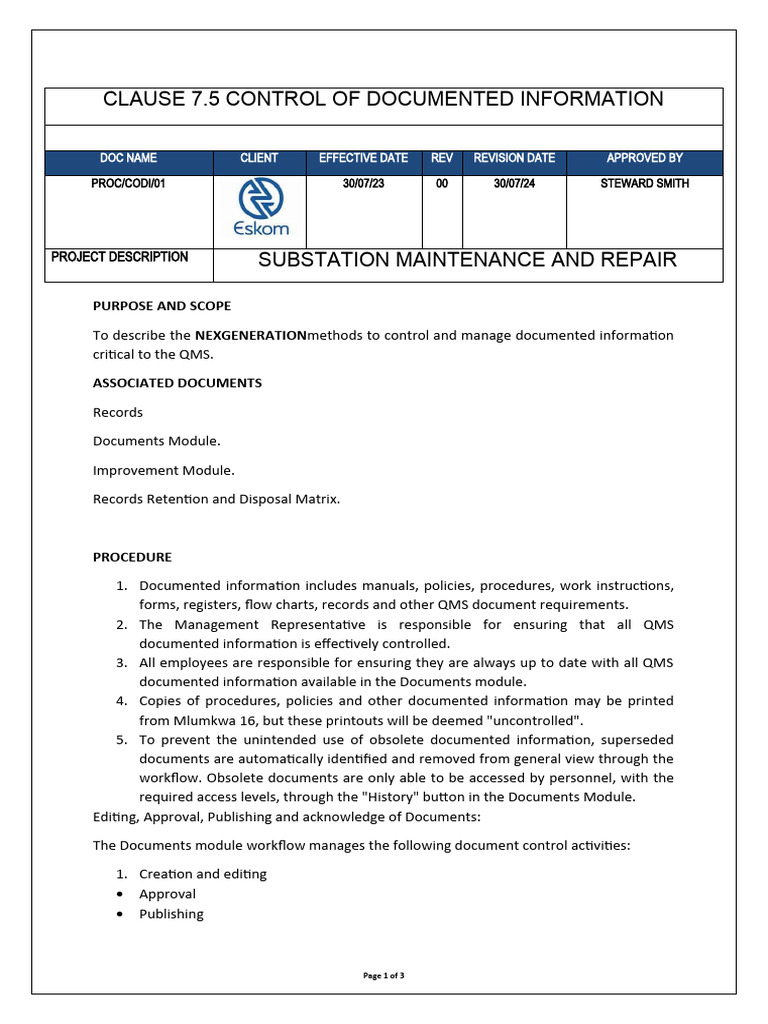 A4 CONTROL OF DOCUMENTED INFORMATION | PDF | Backup | Quality ...