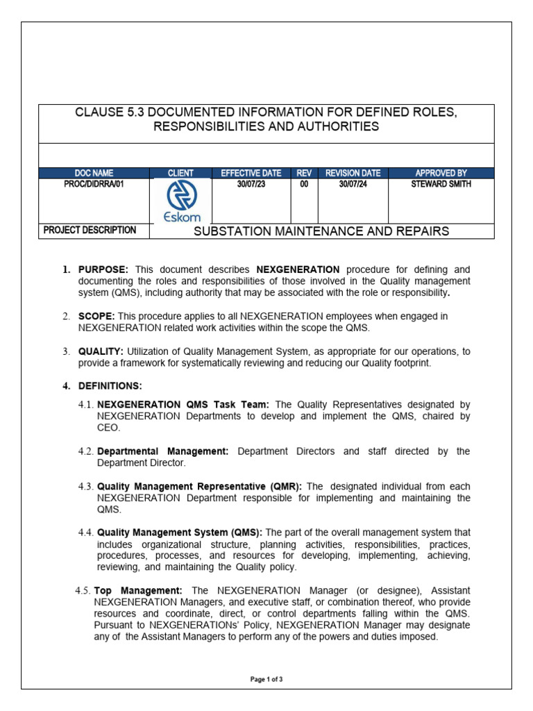 B1 Documented Information For Defined Roles, Responsibilities and ...