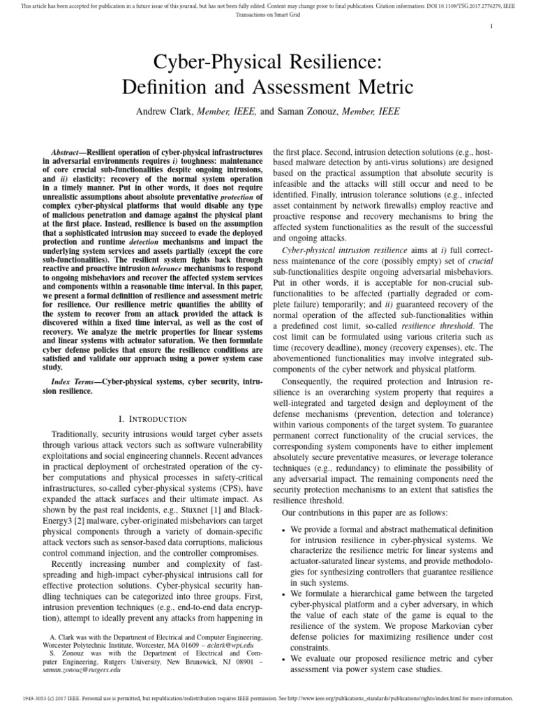 Cyber-Physical Resilience: Definition and Assessment Metric | PDF ...