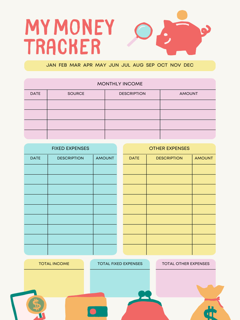 Colorful Illustrative Money Tracker Planner | PDF