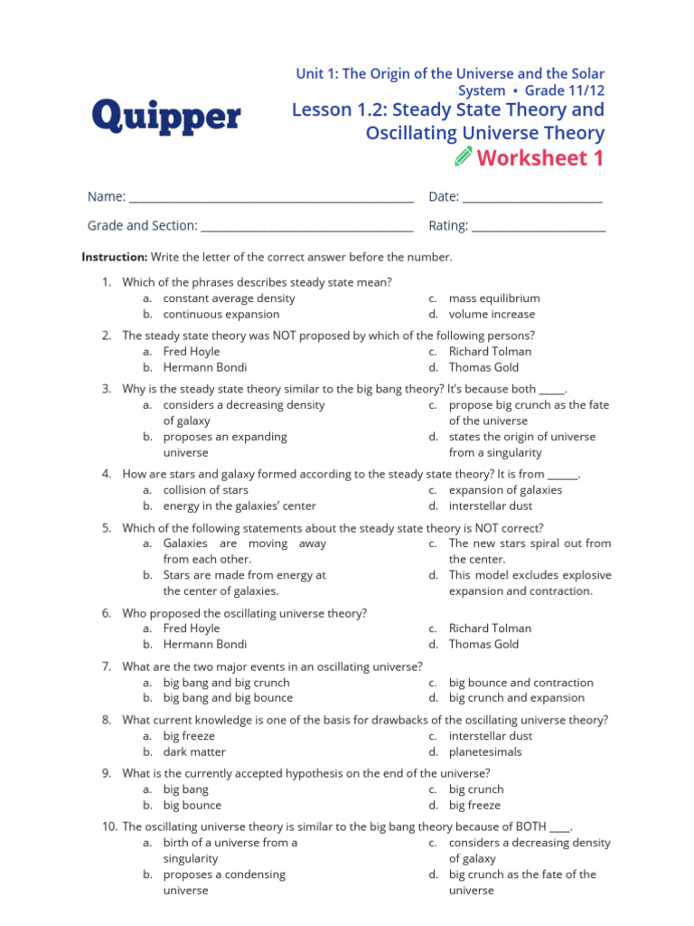 Steady State and Oscillating Theories Worksheet | PDF | Universe | Big Bang