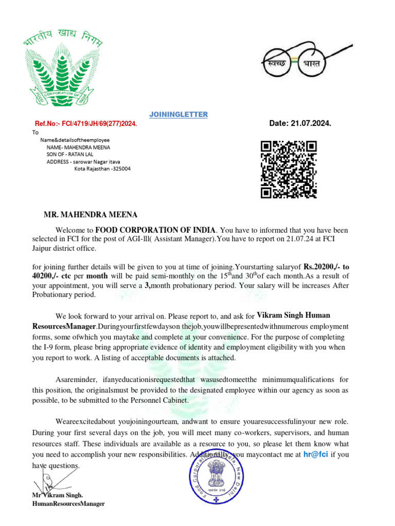 Mahendra Meena FCI Appointment Letter 1 | PDF