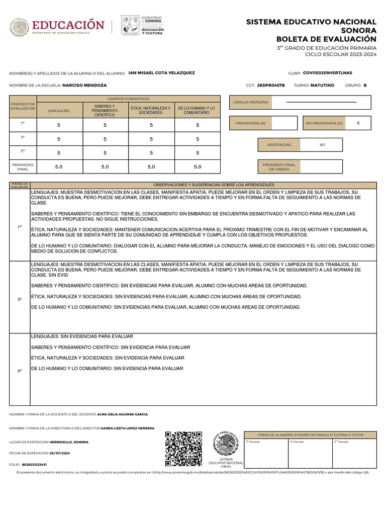 Boleta de Evaluación Primaria 2023-2024 | PDF | Modificación de ...