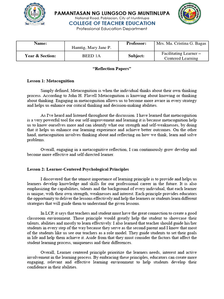Reflections Paper Ni MJ | PDF | Learning | Metacognition