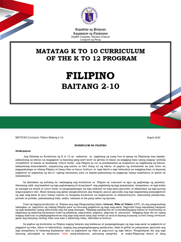 Matatag Filipino Curriculum Grades 4 and 7 For Matatag Training | PDF
