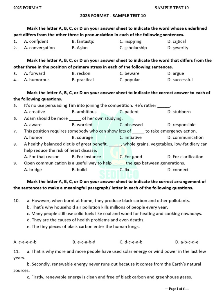 2025 Sample Test 10 Format | PDF | Fuels | Renewable Energy