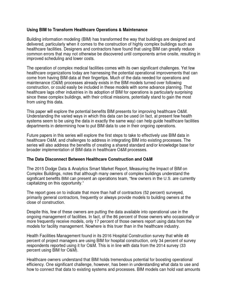 2016 - Using BIM To Transform Health Care Operations and Maintenance ...