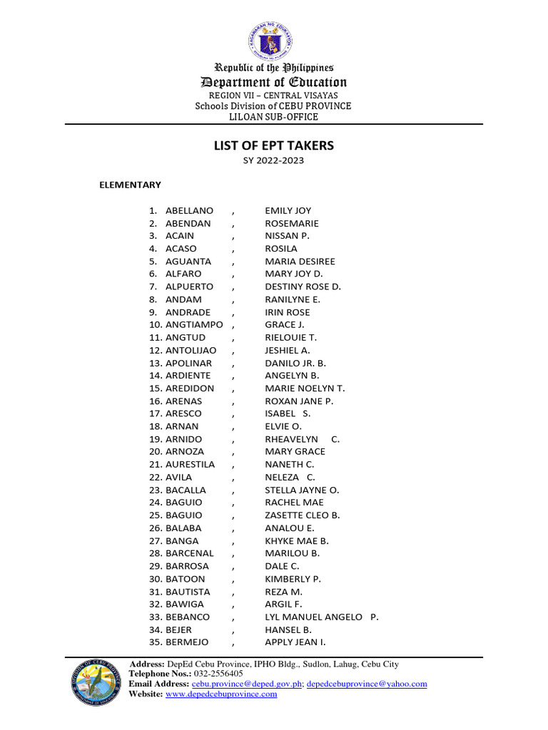Liloan Sub Office List of Ept Takers Sy 2022 2023 - Final | PDF | Philippines